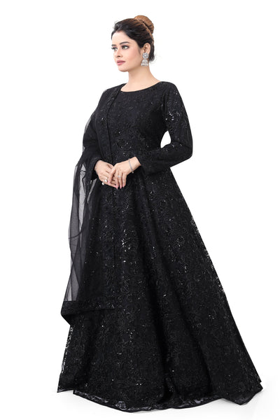 Black Embroidered Net Gown: Partywear Gown by Dulhan Exclusives