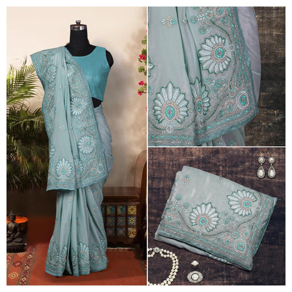 Sea Blue Crepe Saree: The Ultimate Saree by Dulhan Exclusives