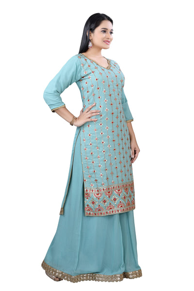 Introducing Sharara Suit in Ice Blue and coral faux Georgett: The ...